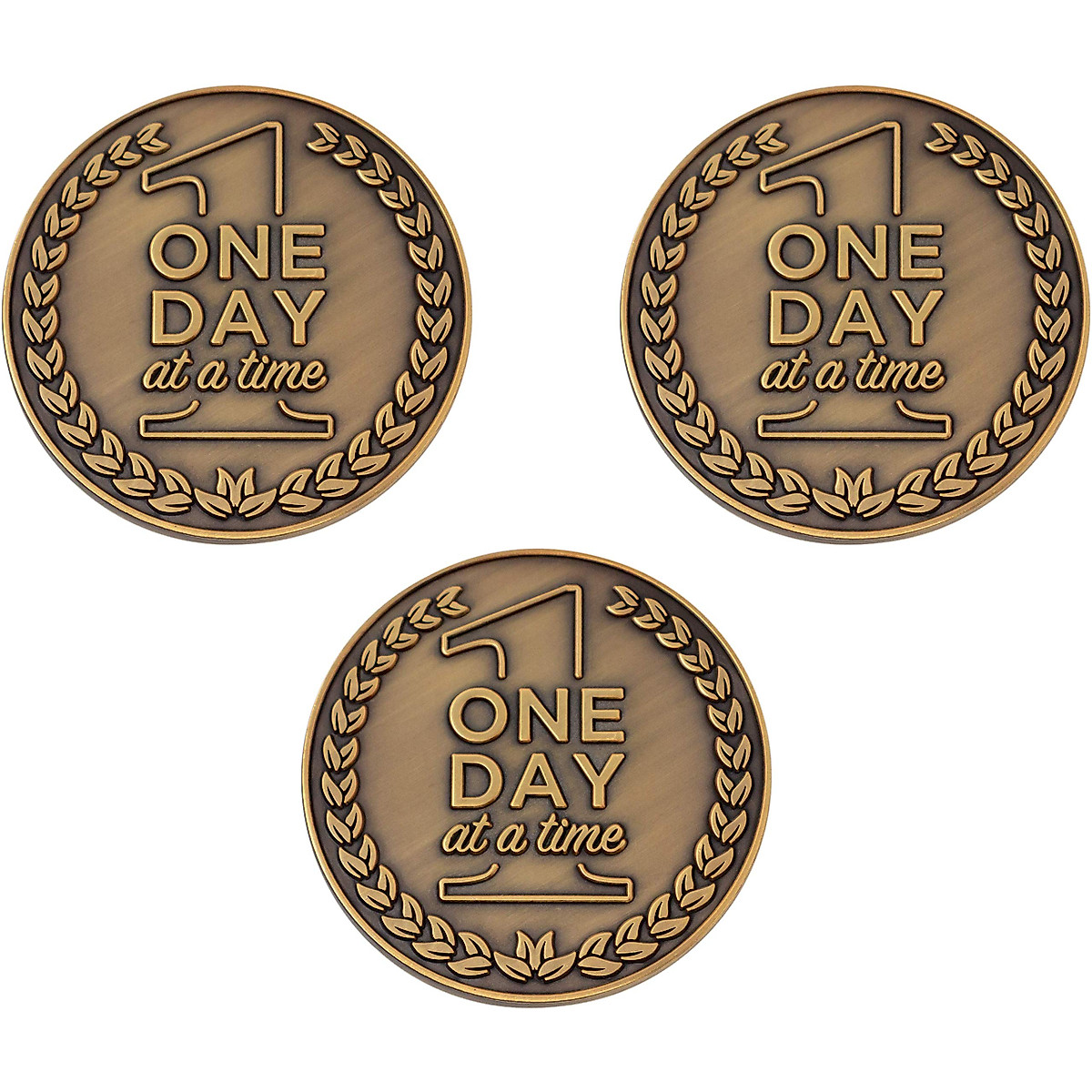 Serenity Prayer and One Day at a Time Coin, Bulk Pack of 3 Recovery Chip Pocket Tokens for AA, Antique Gold-Color Plated Recovery Challenge Coin, Gift of Peace and Sobriety
