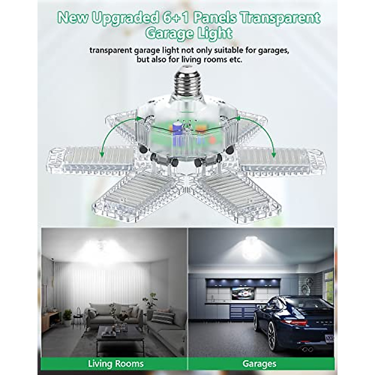 Garage Light 165W 16500LM 6500K 2 Pack, LED Garage Light LED Shop Lights Garage Lights Ceiling LED with 6+1 Adjustable Panels Support E26/E27 for Garage, Barn, Workshop, Basement（Transparent）