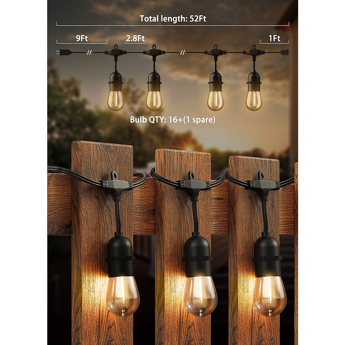 Brightown 52FT S14 Outdoor String Lights -Shatterproof Patio Lights with Waterproof Porch Hanging Lights Commercial Grade Outside Light for Cafe, Bistro, Garden, Backyard