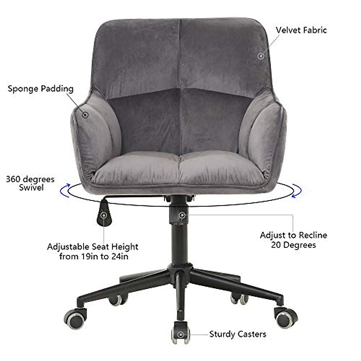 Home Office Desk Chair Velvet Task Chair Accent Chairs - Comfy Computer Chair for Desk, Adjustable Swivel Chair Coffee Chairs Padded Arm Chair for Living Room Bedroom (Grey)