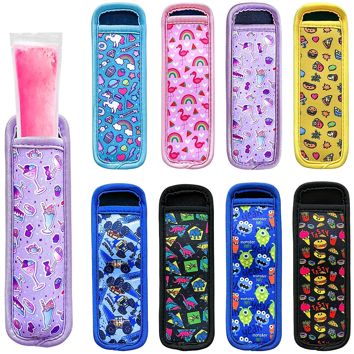 Hzran Ice Pop Sleeves, 8 Pieces Ice Pop Neoprene Insulator Sleeves, Freezer Popsicle Holder Sleeves, Colorful Ice Sleeves Holder Bag, Reusable Washable Ice Popsicle Holders for Kids.