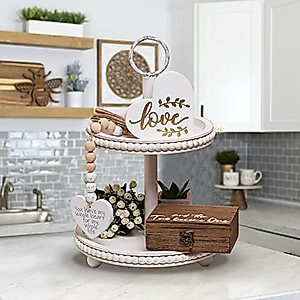 GenMous & Co. Rustic Wood Beaded 2 Tiered Tray Stand For Farmhouse Kitchen Table Decor, Rustic White Two Tiered Serving Tray For Food Fruits Cupcakes Display Coffee Bar Home Party Seasonal Decorations