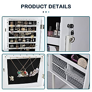 HNEBC Jewelry Cabinet Armoire with Lights,Lockable Jewelry Organizer Standing 47.2''Full-Length MirrorJewelry Boxes for Women Mirror with Jewelry Storage,Built-in LED Makeup Mirror/Drawer(White)