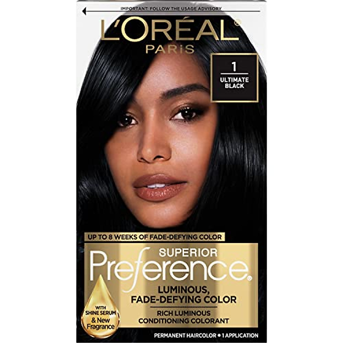 L'Oreal Paris Superior Preference Fade-Defying + Shine Permanent Hair Color, 1.0 Ultimate Black, Pack of 1, Hair Dye