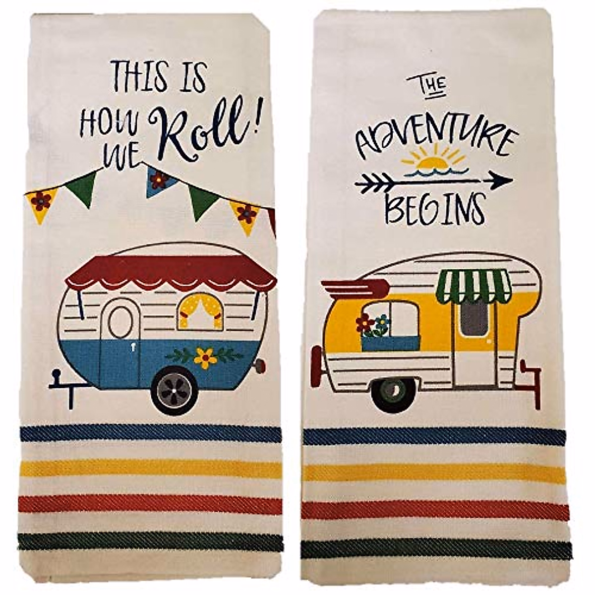 Bundle of 2 Camper Themed Kitchen Tea Towels, This Is How We Roll And The Adventure Begins