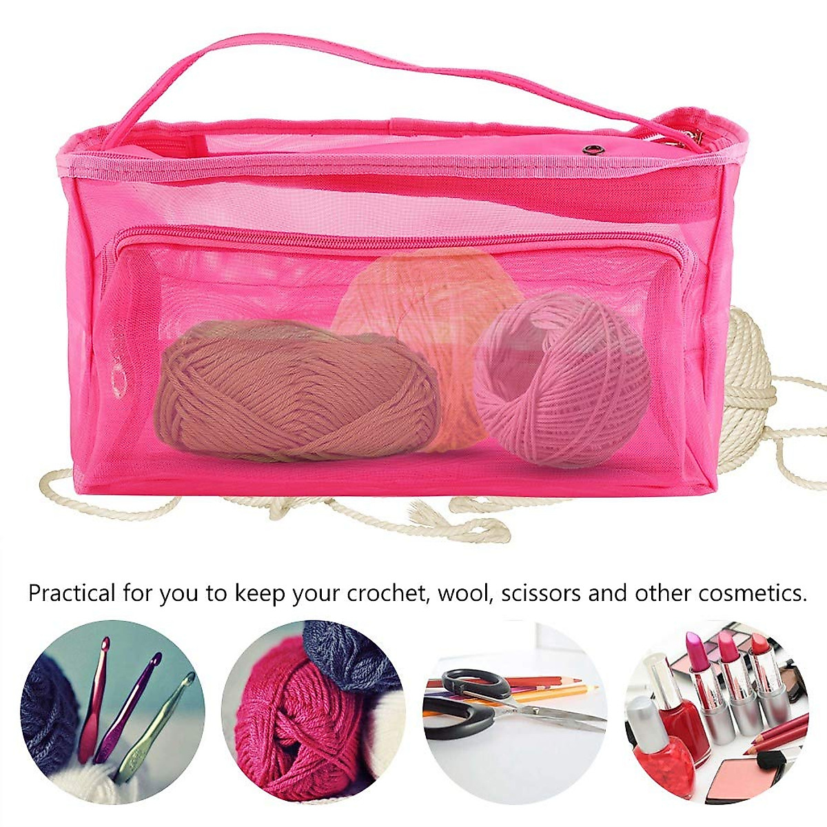 Fdit Knitting Bag Yarn Storage/Portable Tote Crochet 3 Holes Storage Bags to Protect Yarn Prevent Tangling(Rose Red)