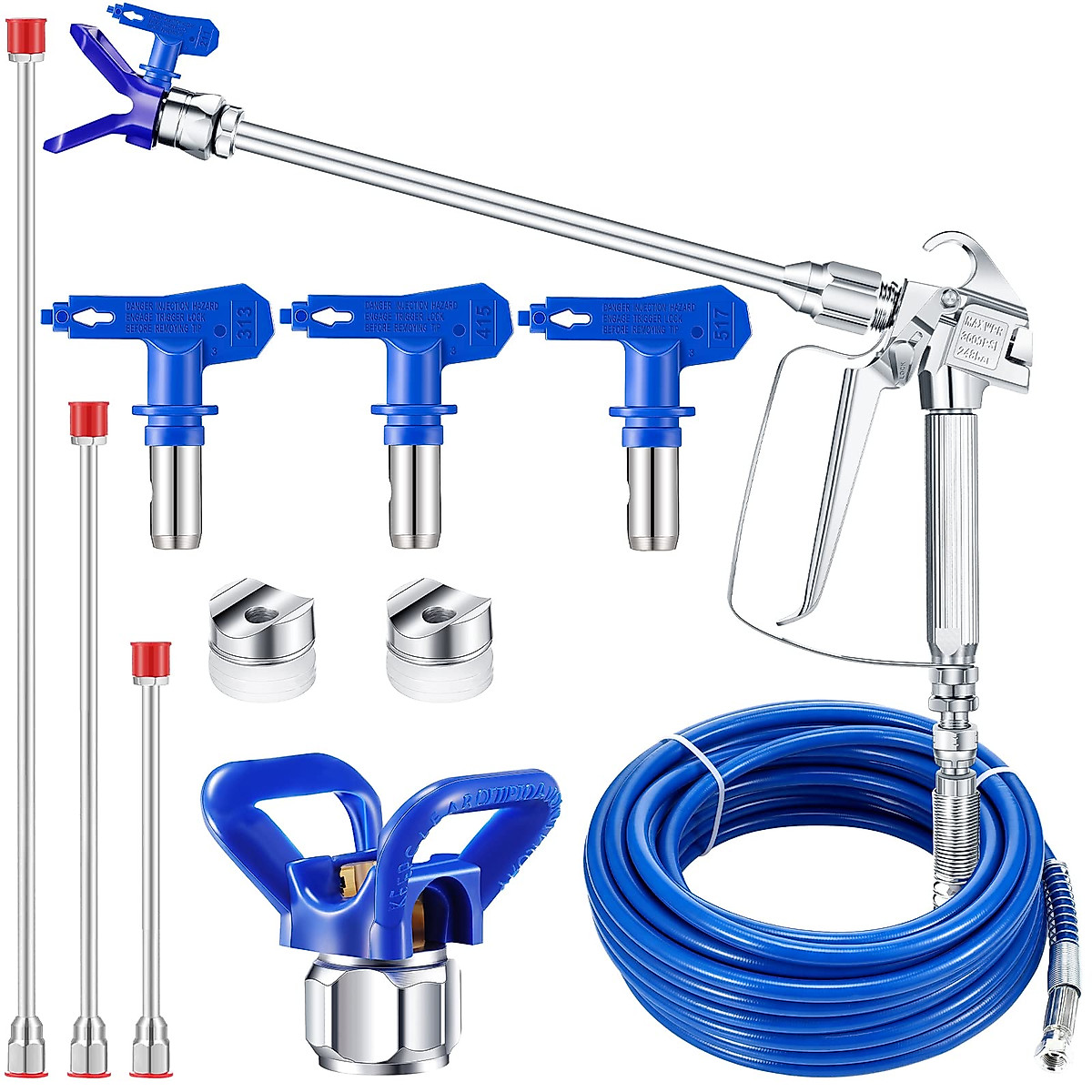 LEIFIDE 9 Pcs Airless Sprayer Gun Hose Kit 50ft 3600psi High Pressure Fiber Tube with Extension Rod Pole 313 415 517 Tip and Tip Guard Swivel Joint Paint Sprayer Hose Set for Homes Buildings (Blue)