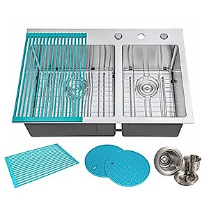 33 Inch Drop In Topmount Stainless Steel Kitchen Sink Package 16 Gauge Double 60/40 Bowl Basin w/ 9 Gauge Deck - Complete Sink Pack