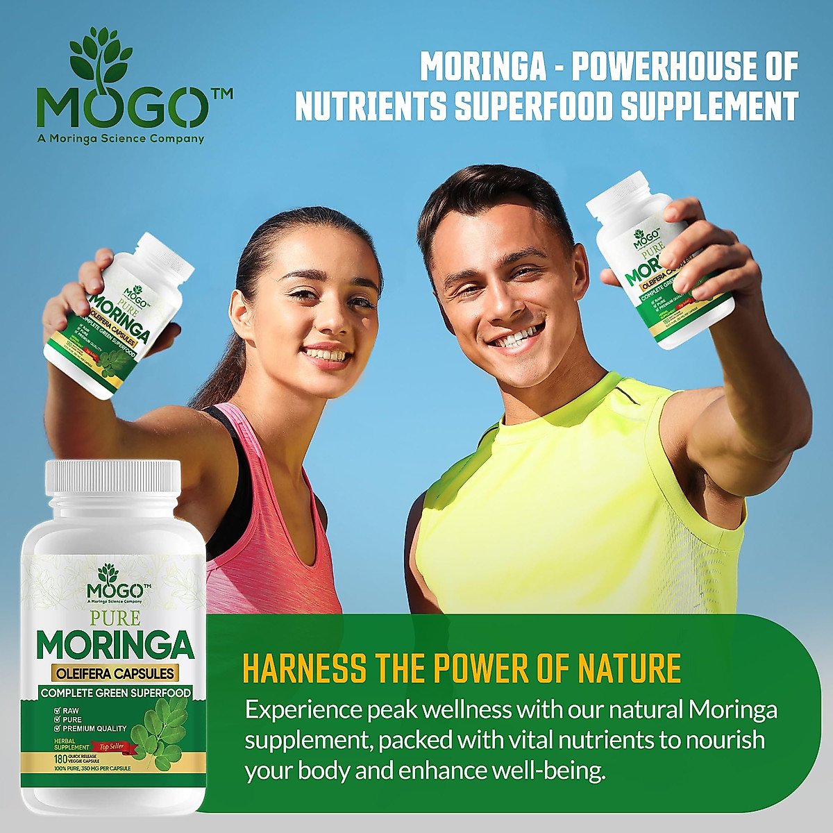 MOGO Organic Moringa Powder Capsules,180 Ct | Moringa Supplement for Energy, Immunity & Joint Health, Our Moringa Capsule Made with Pure Moringa Powder Organic,Vegan and Non GMO.