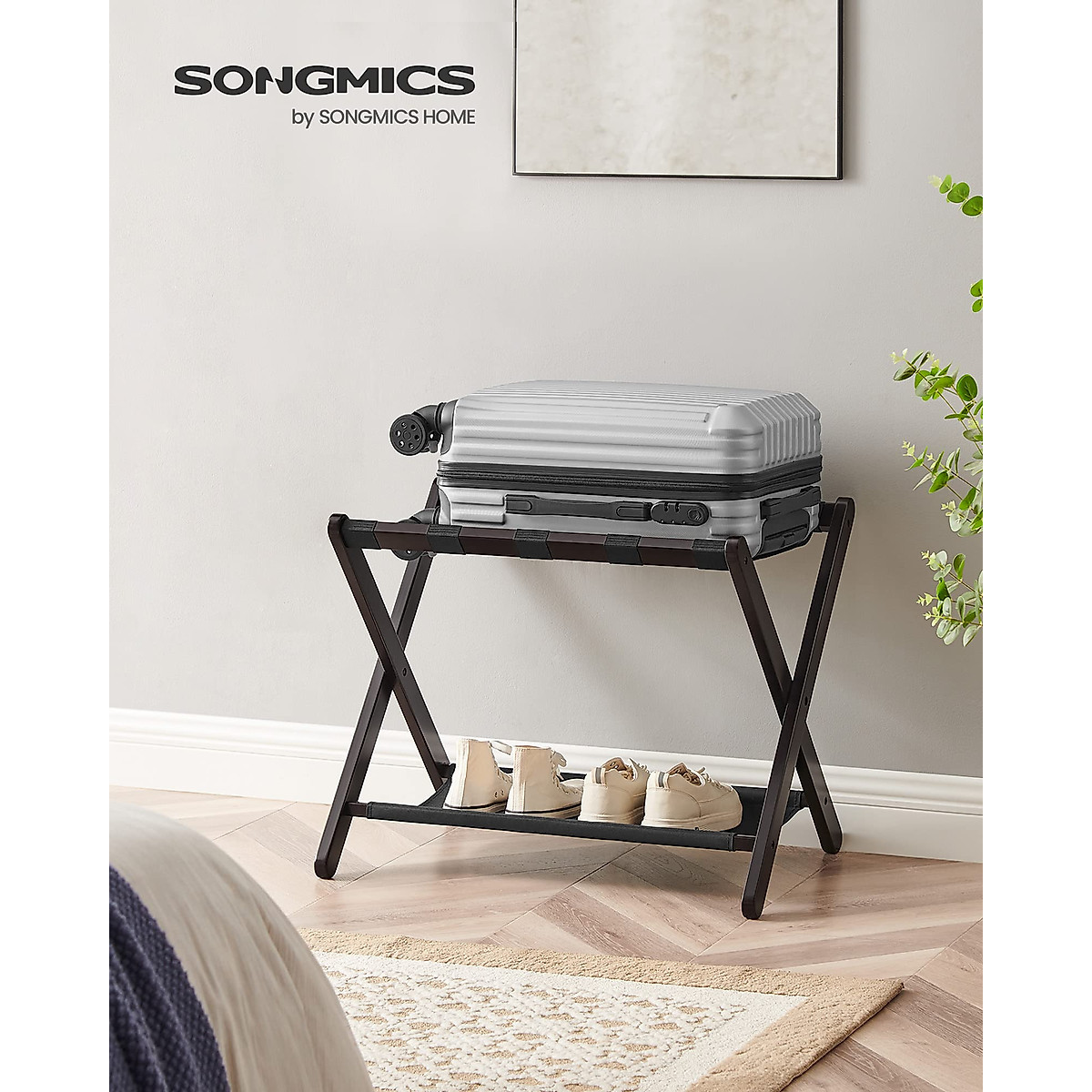 SONGMICS Luggage Rack, Wood Luggage Rack for Guest Room, Folding Suitcase Stand, for Hotel, Bedroom, Heavy-Duty, Holds up to 121 lb, Expresso and Black URLR006R01