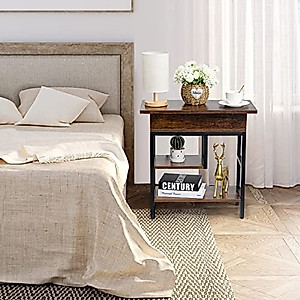 Hadulcet Side Table with USB Ports and Outlets, Narrow Sofa End Table with Storage Shelf for Small Spaces, Bedside Table Nightstand with Charging Station Rustic Brown