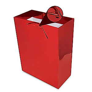 Large Red Gift Bags - 12 Pack Metallic Red Foil Gift Bags with Handles, Designer Paper Gift Wrap Euro Totes for Birthdays, Christmas, Valentines, Bachelorette, Holidays, Presents, Bulk – 10x5x13
