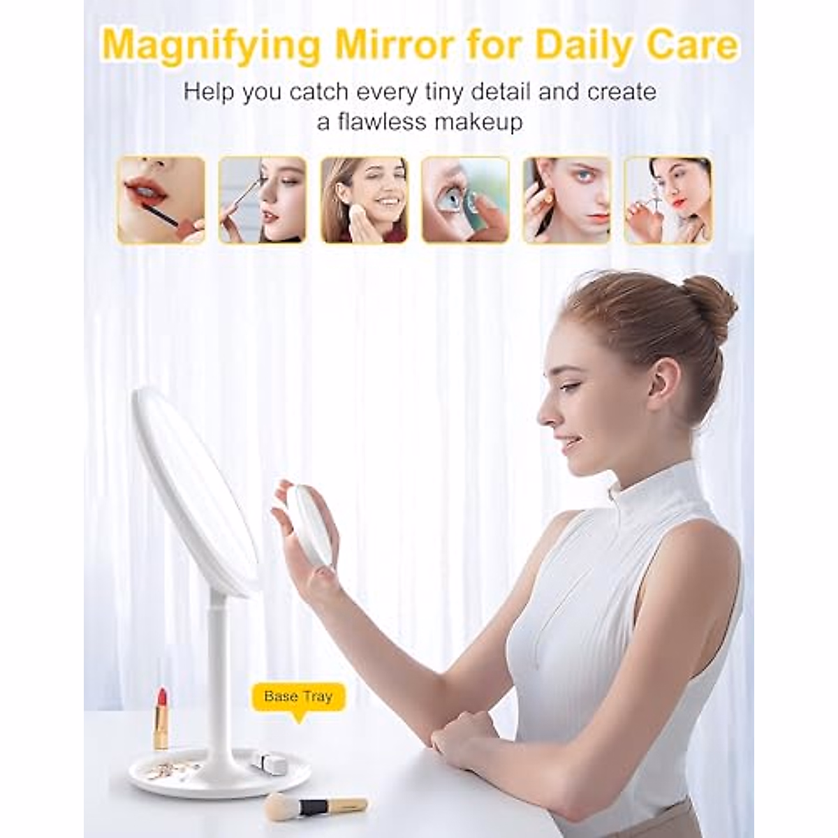 Make up Mirror with Lights, 1X/10X Magnifying Vanity Mirror with 46 LED Lights, 3 Lighting Modes, Brightness Adjustable and Rechargeable Personal Compact Travel Makeup Mirrors
