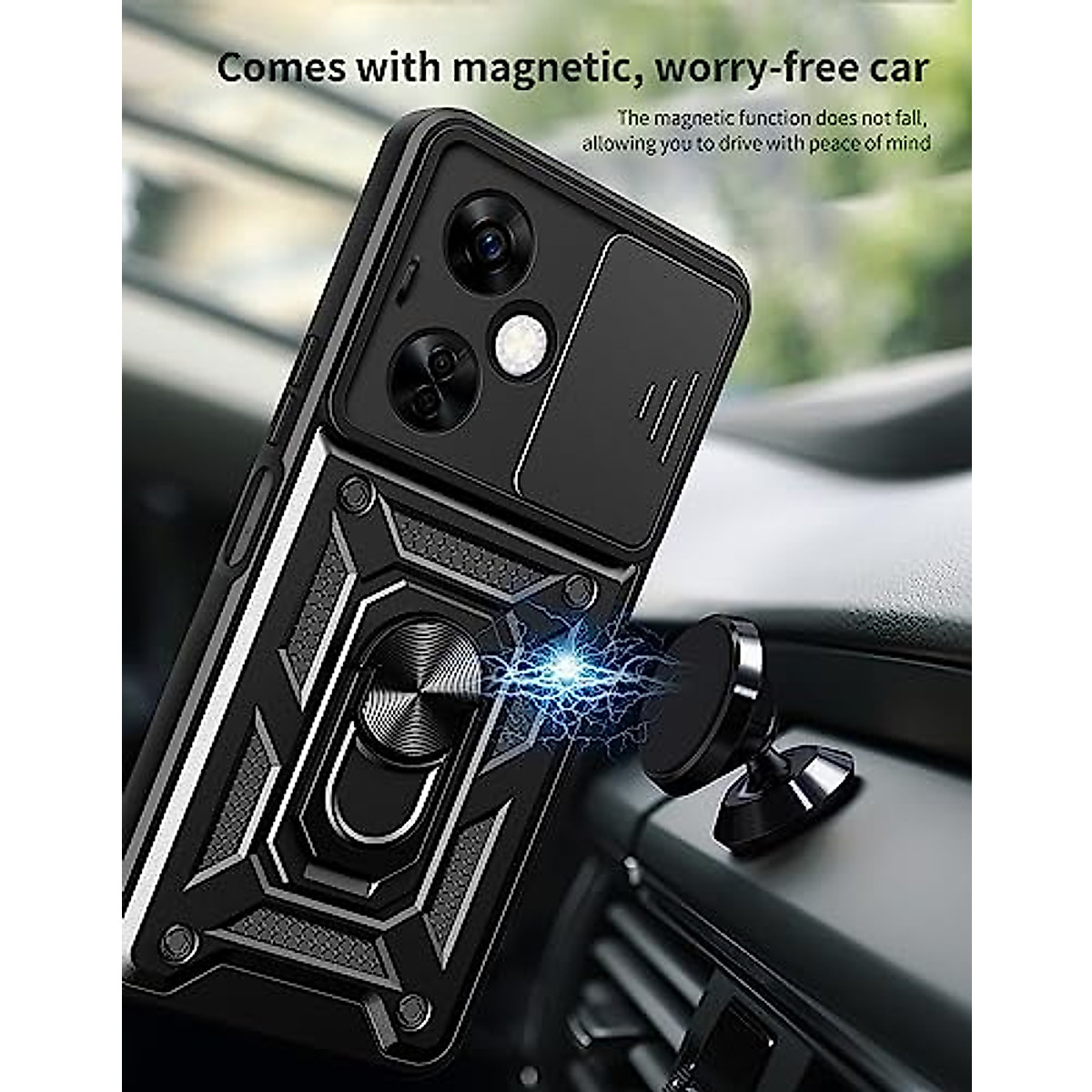 Jusy Case for Oneplus Nord N30 5G with 2 HD Screen Protector, Slide Camera Cover, Kickstand Ring, Magnetic Rugged Drop Protection Phone Cover for 1+ Nord N30 5G (Black)