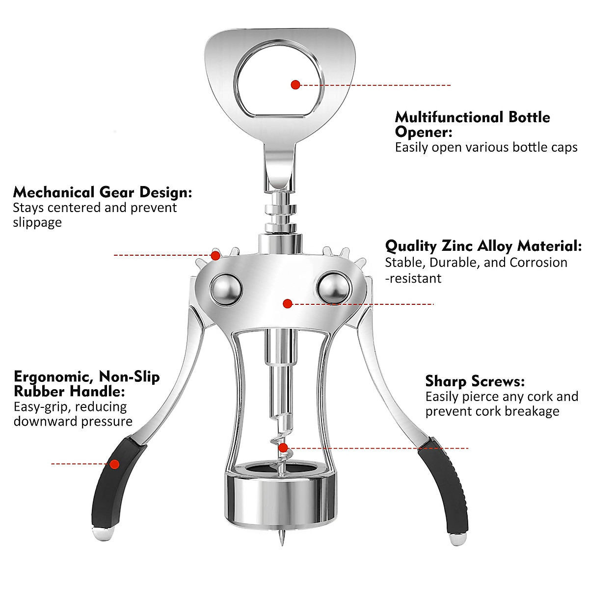 KORCCI Wine Opener, Wine Bottle Opener, Zinc Alloy Wing Corkscrew Heavy Duty, Cork Screw Beer Opener for Bartenders, Multifunctional Bottle Opener for Home Kitchen, Restaurant, Bar, Waiters