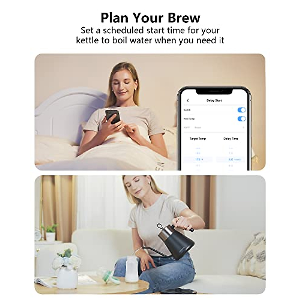 CROWNFUL Smart Electric Gooseneck Kettle with 4 Variable Presets, ±1℉ Temperature Control, 0.8L Capacity, 1200W Quick Heating, 100% Stainless Steel, Pour Over Coffee Kettle, Alexa Control