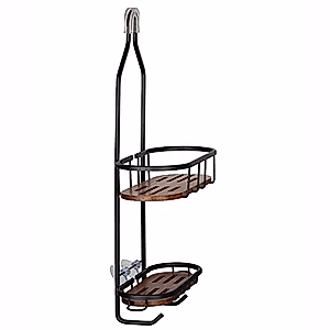 Utopia Alley Tia Rustproof Teak Overhead Shower Caddy with 2 Shelves - Decorative Shower Rack for Shampoo & Toiletries Storage, Hanging Shower Head Organizer- Matte Black Finish