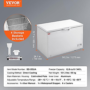 VEVOR Chest Freezer, 12.8 Cu.ft / 345 L Large Deep Freezer & 4 Removable Baskets, Freestanding Top Open Door Commercial Chest Freezers with Locking Lid, 7-Level Adjustable Temp, LED Lighting, 6 Wheels