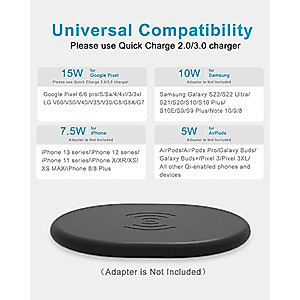 Ultra-Slim Wireless Charger, 15W Maximum Fast Wireless Charging Pad Compatible with iPhone 14/13/12/11, for Samsung Galaxy S21/S20/S10/S9/S8/Note20/10/9/8,Google Pixel(No AC Adapter)