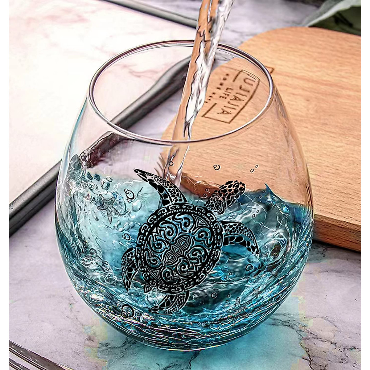 Physkoa Sea turtle wine glass- 13.5OZ Crackle Teal Design, sea turtle gifts for women,Turtle Gifts，Birthday gifts for women（Single）