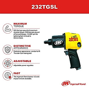 Ingersoll Rand 232TGSL 1/2" Thunder Gun, Fastest Air Impact Wrench, 625 ft lbs Max Reverse Torque, 550 ft lbs Forward Torque, 10,000 RPM, Adjustable Power Regulator