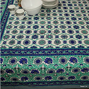 Sweet Us Floral Tablecloth for Rectangle Tables, Cotton Floral Kitchen Dining Table Cloth and Napkin Bundle, Table Linen White Gray Turquoise Blue, Table Cover for Indoors and Outdoors 70 x 104 in