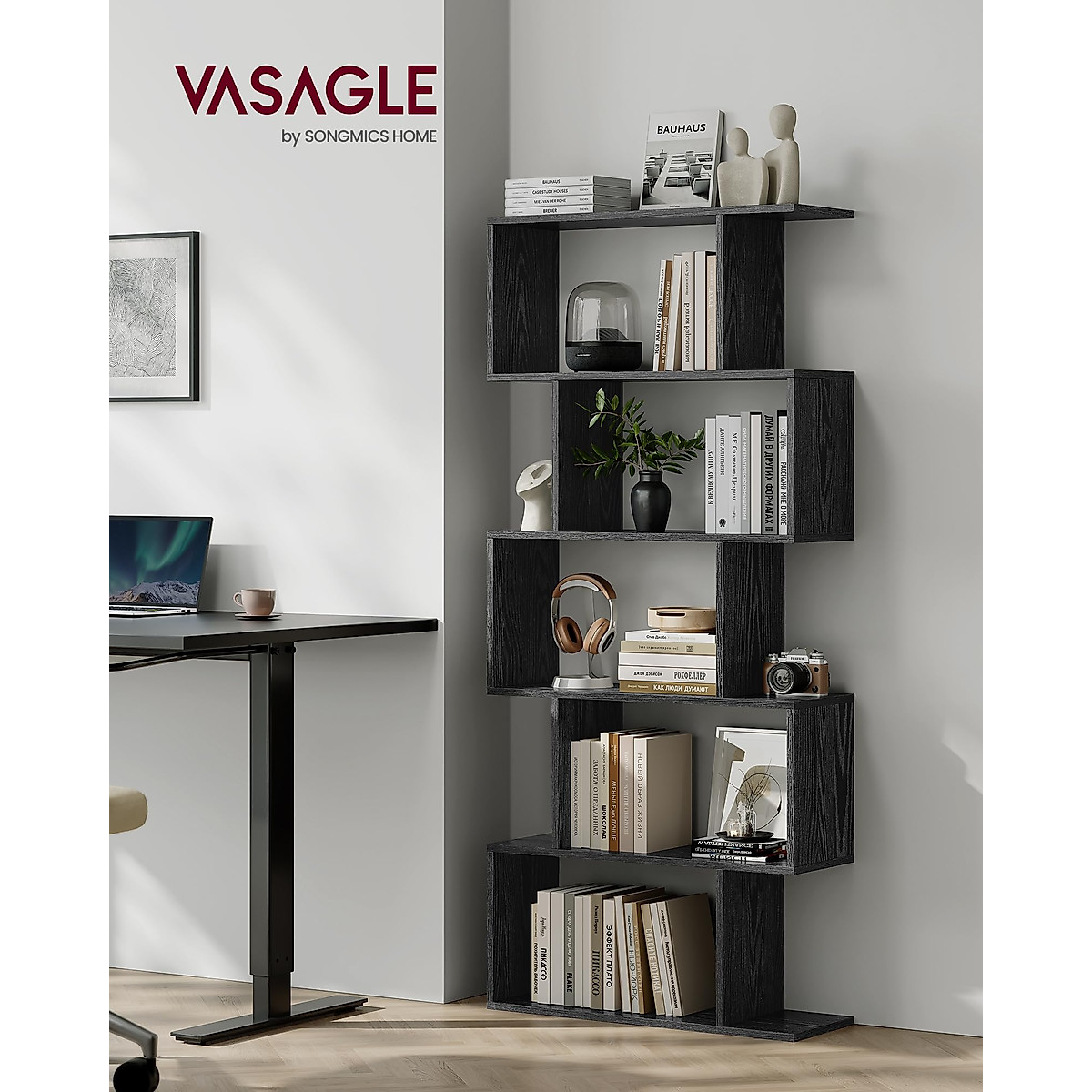 VASAGLE Bookshelf, 5-Tier Bookcase, Tall Display Shelf, Freestanding Storage Shelf, Room Divider, for Home Office, Living Room, Bedroom, Study, Ebony Black ULBC062T56