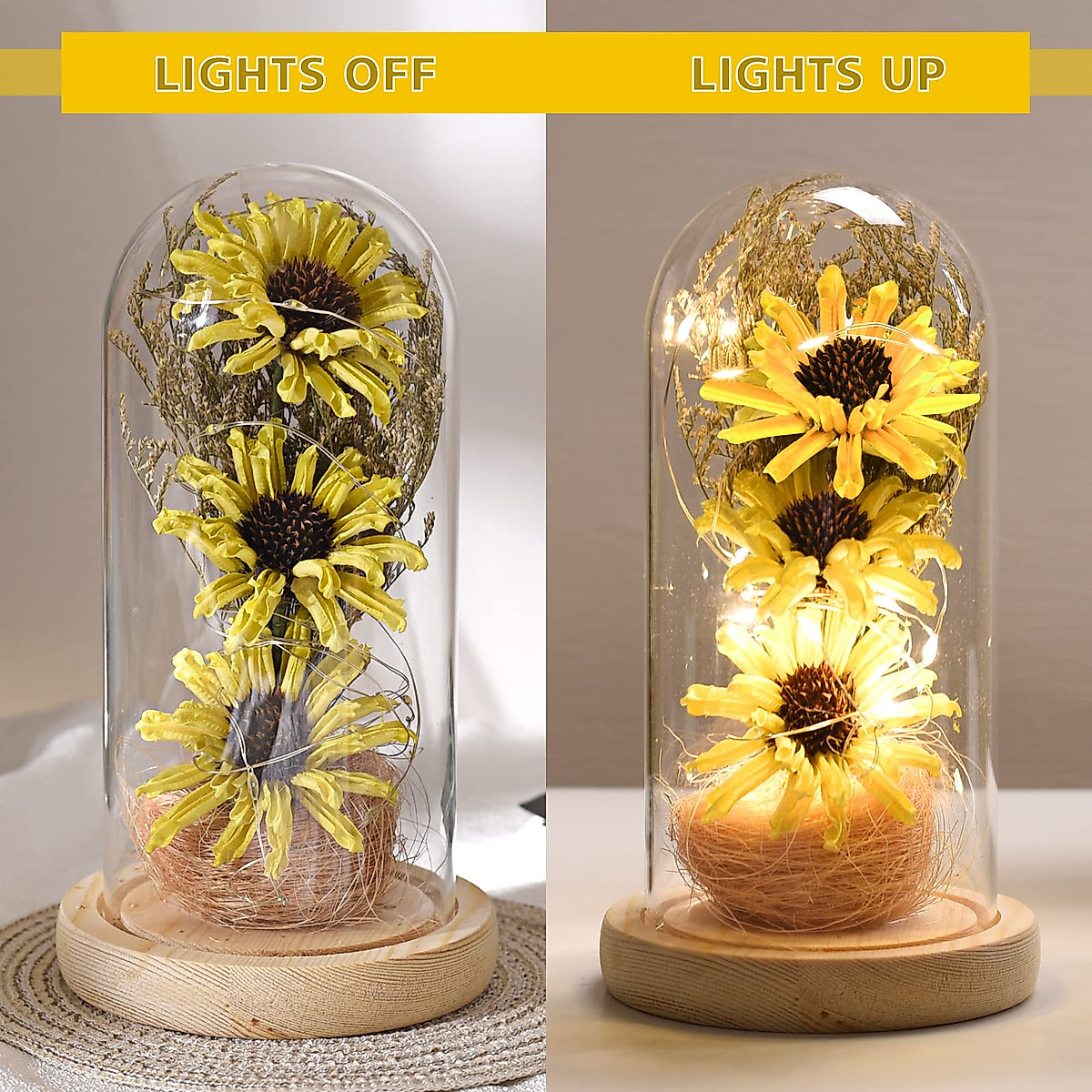Sunflower Gifts for Women, Sunflowers Artificial Flowers in Glass Dome with LED Strip, Birthday Gifts for Mom & Grandma, Sunflower Decor on Mother's Day, Christmas, Valentine's Day (Yellow)