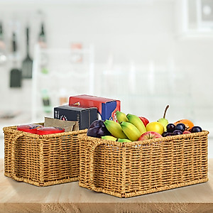Small Wicker Basket with Handles, Rectangular Baskets for Shelf Organizing, Basket Set of 2