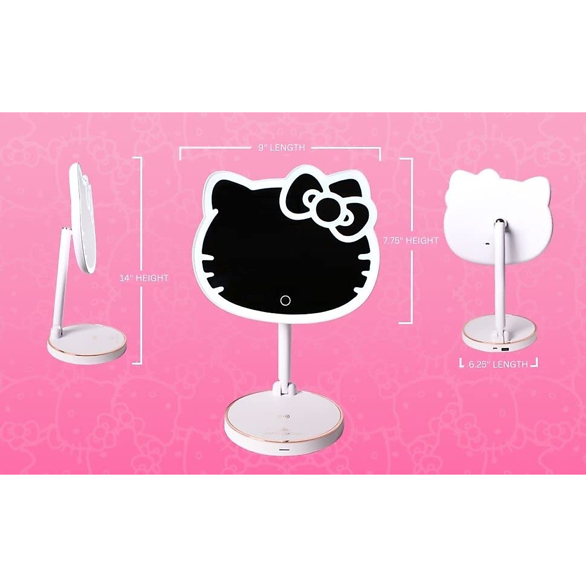 Impressions Vanity Hello Kitty Tabletop Mount LED Rechargeable Makeup Mirror with 360 Degree Rotation, Touch Sensor Desk Mirror with Light Strip and Adjustable Brightness