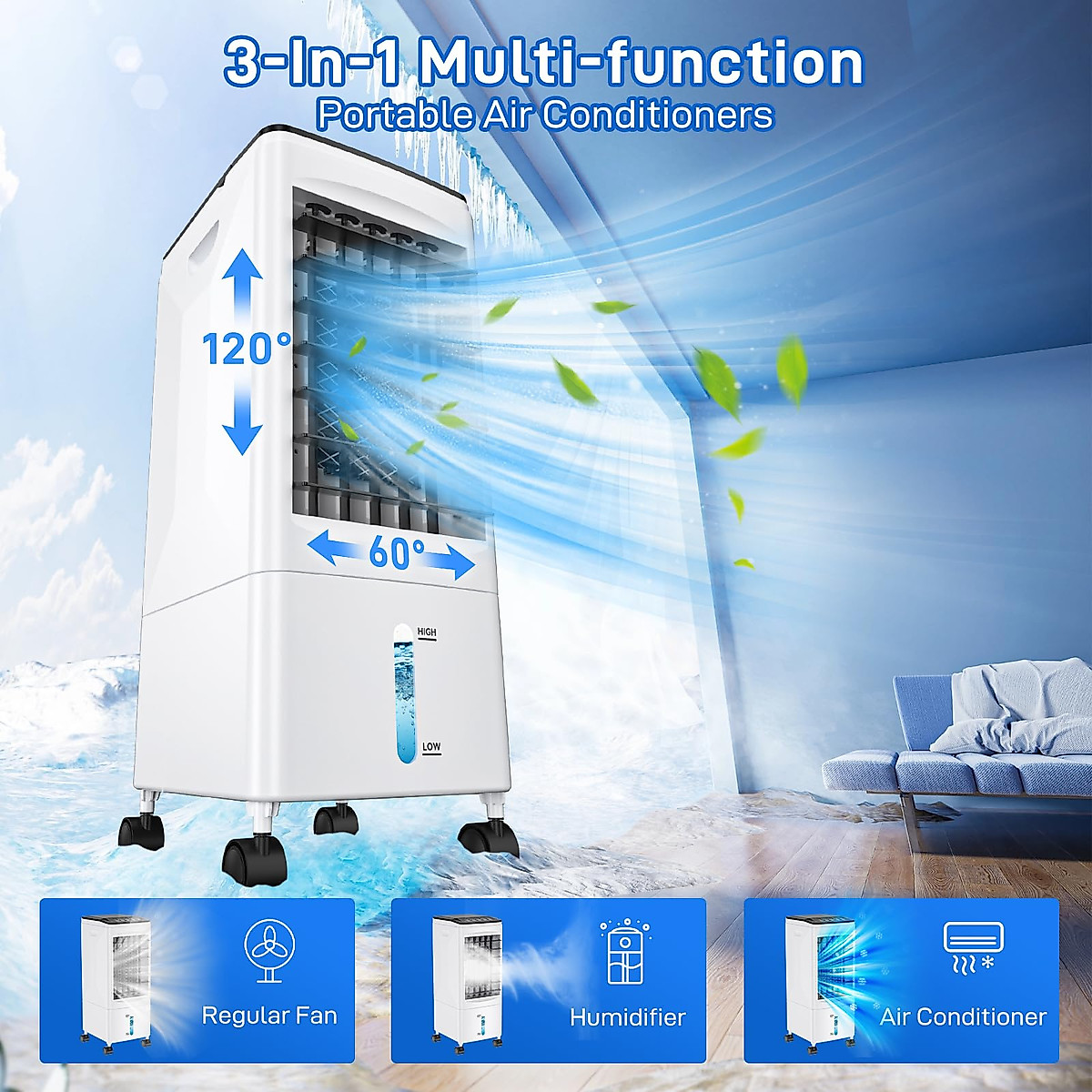 Portable Air Conditioners, 3-IN-1 Windowless Air Conditioner, Evaporative Air Cooler Kitchen Volume AC, Fast Cooling Large Air Conditioner for Room, Remote/3 Speed/7H Timer/1.45 Gallon/3 Ice Packfan-2