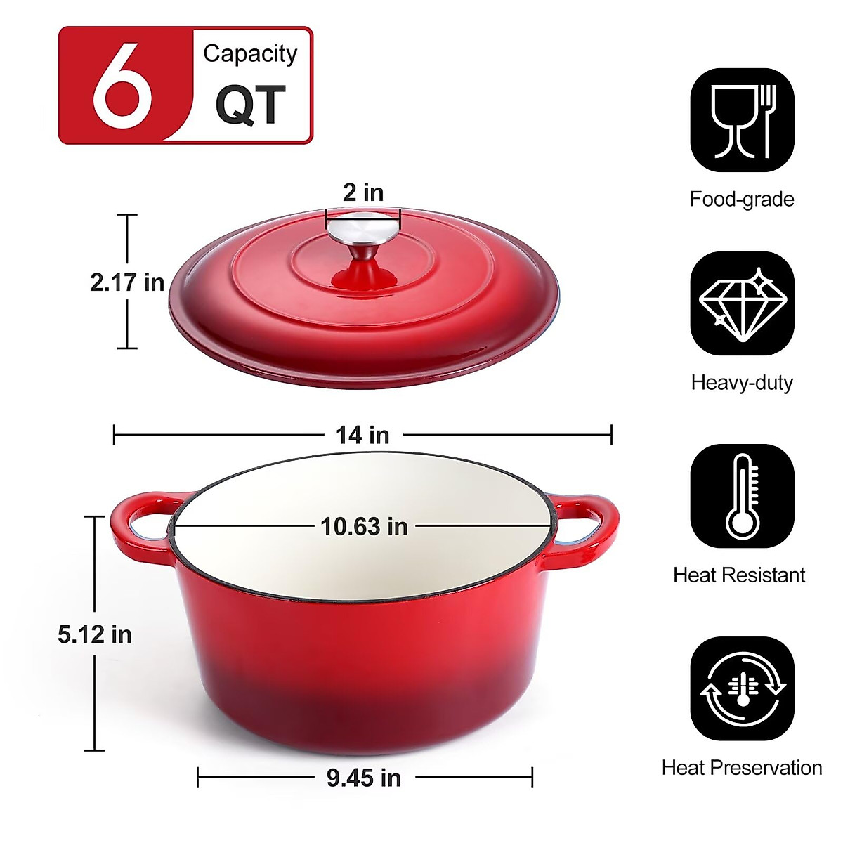 6 Quart Enameled Dutch Oven with Lid, P&P CHEF 6 Qt Cast Iron Dutch Oven Pot, Enamel Round Dutch Oven Cooking Stock Pot for Braising, Stewing, Roasting, Baking, Various Stoves & Oven Safe (Red)