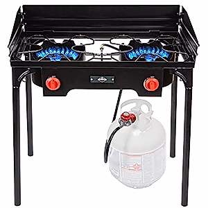 Hike Crew Cast Iron Double-Burner Outdoor Gas Stove | 150,000 BTU Portable Propane Cooktop w/Blue Flame Control, Removable Legs, Temperature Control Knobs, Wind Panel, Hose, Regulator & Storage Case