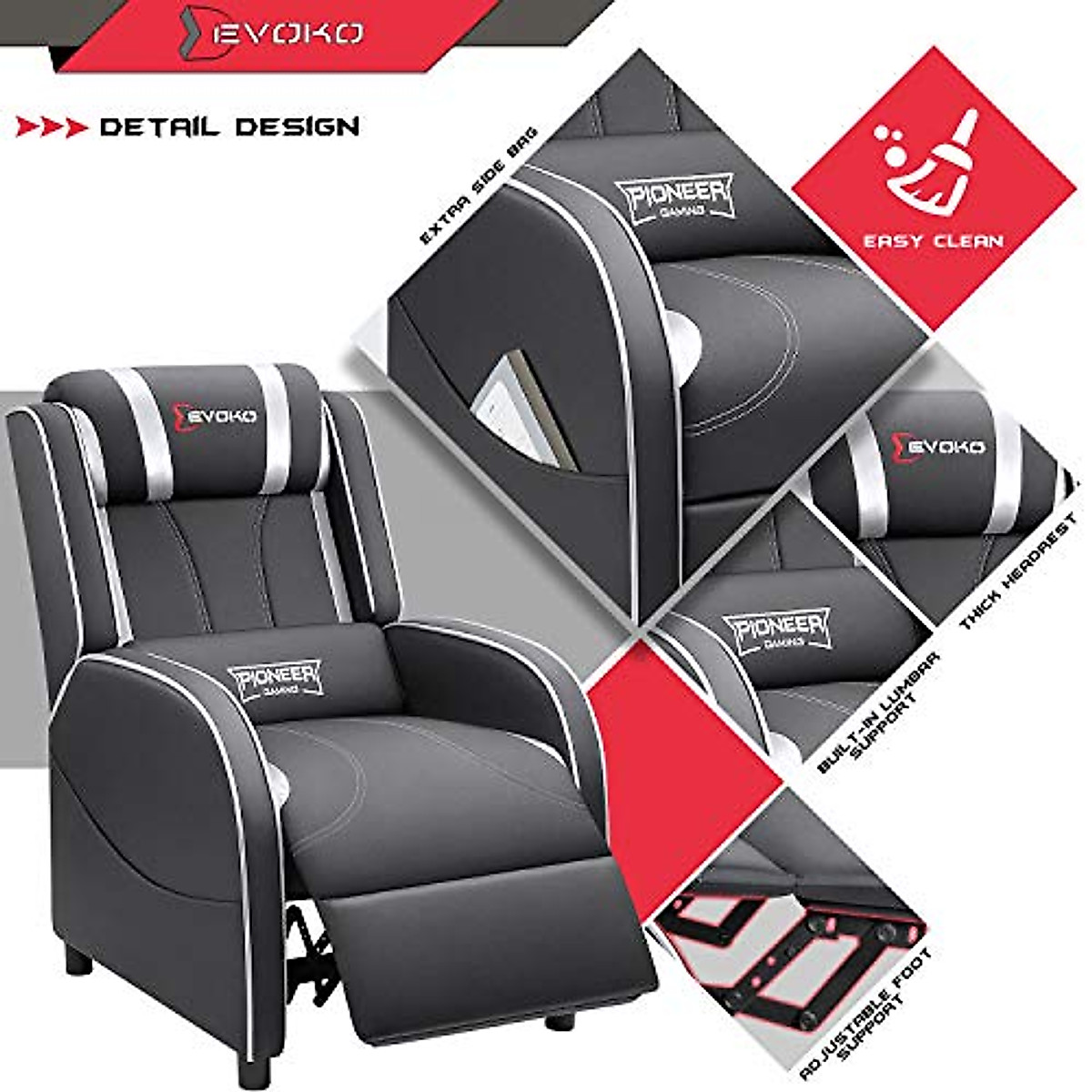 Devoko Massage Gaming Recliner Chair PU Leather Home Theater Seating Single Modern Living Room Sofa Recliners (Silver)