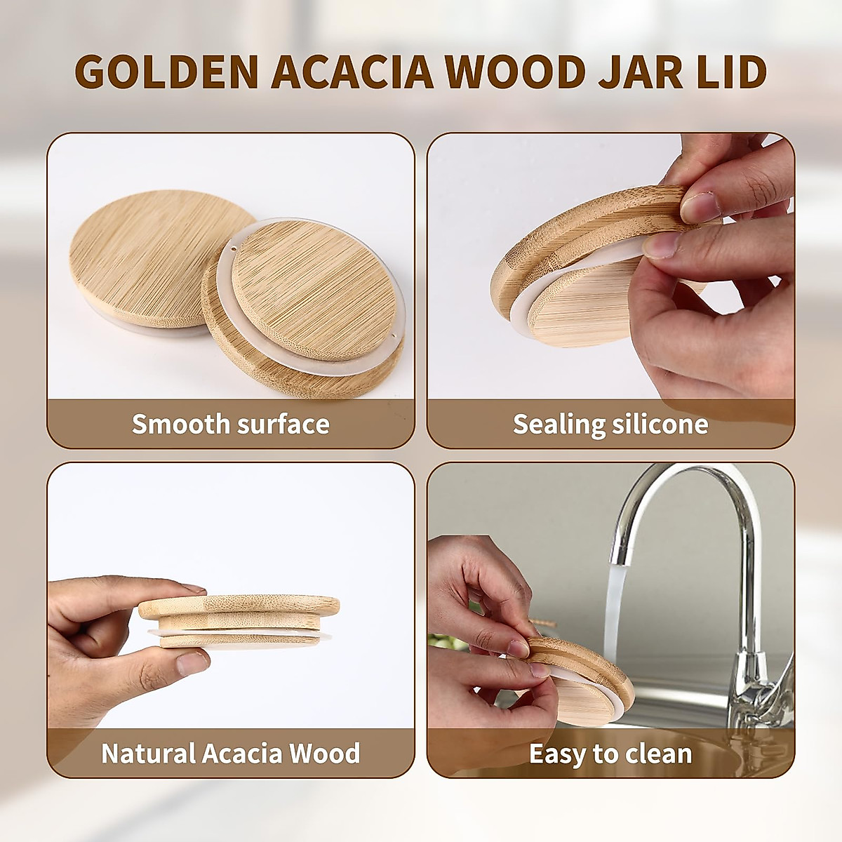 Mason Jar Lids - Reusable canning lids Bamboo mason jar Lids, Food Grade Material Silicone Sealing, 100% Fit & Airtight for Regular Mouth Mason Jars (6PCS Regular Lids, Bamboo)