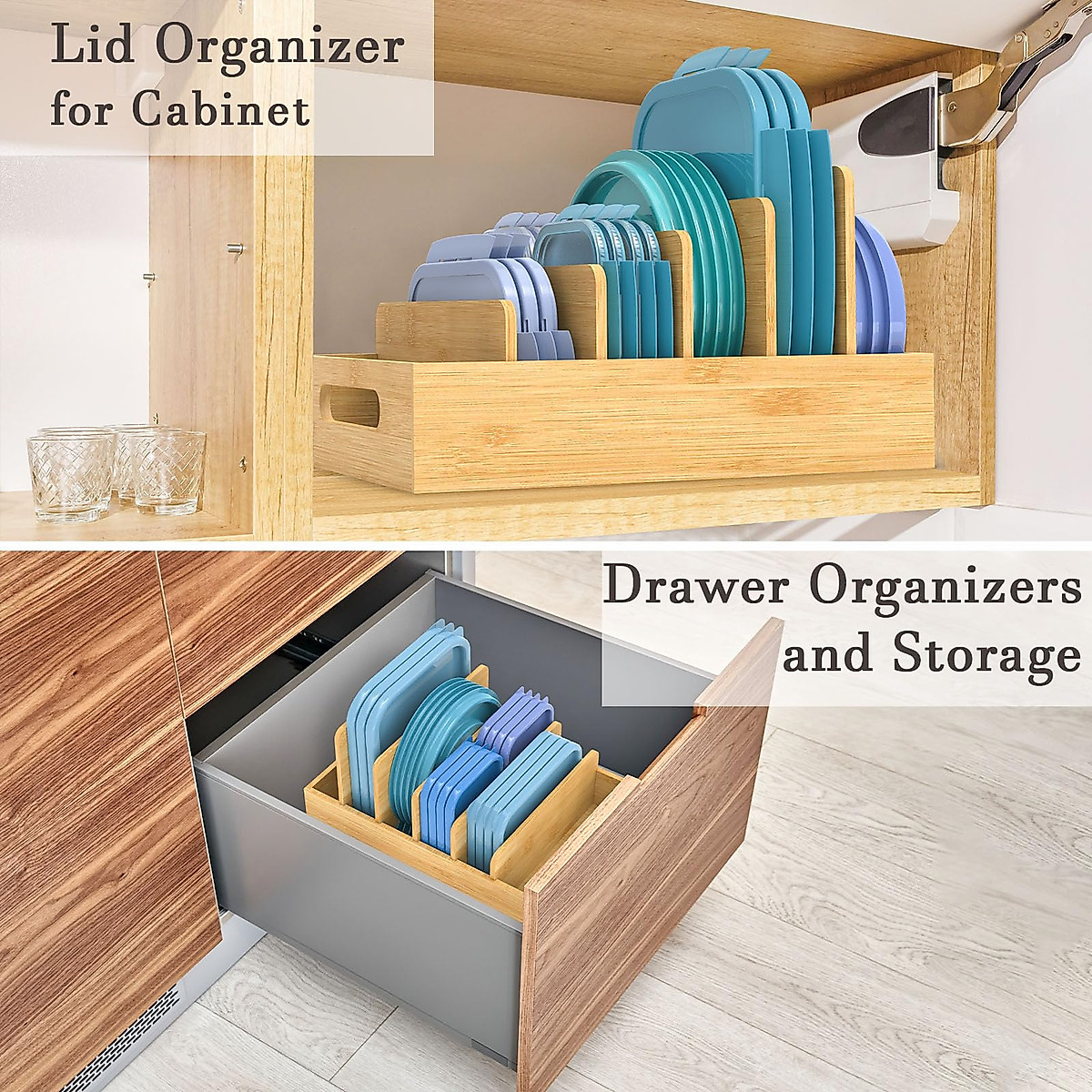 Retro Shaw Bamboo Food Container Lid Organizer for Cabinet & Drawer,Kitchen Cabinet Organizer with 5 Adjustable Dividers for Plastic Lid Storage and Holder,Fit for Kitchen,Home,RVs,Campers,Pantry etc