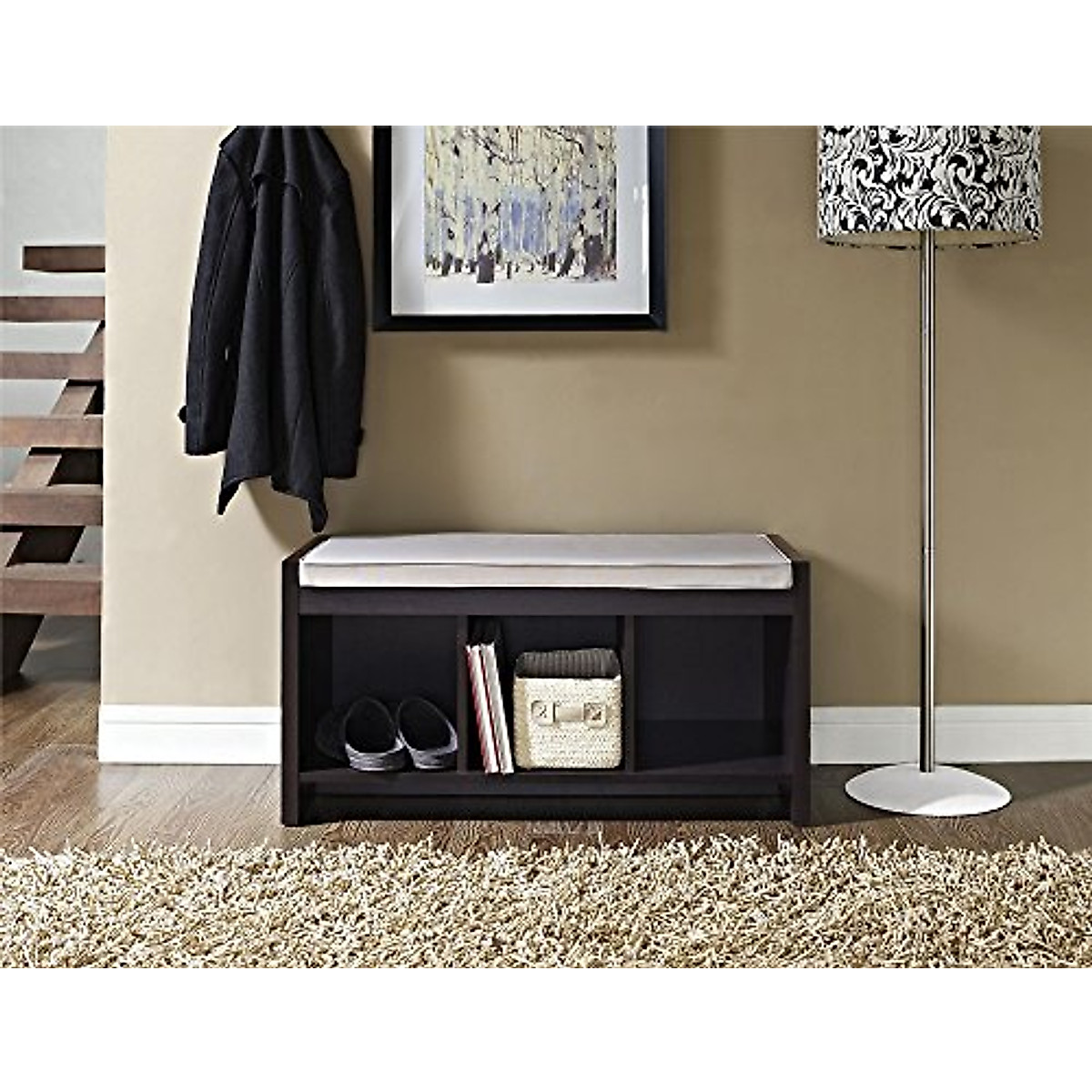 Ameriwood Home Penelope Entryway Storage Bench with Cushion, Espresso 17.68 in. high x 35.91 in. wide x 15.75 in. deep