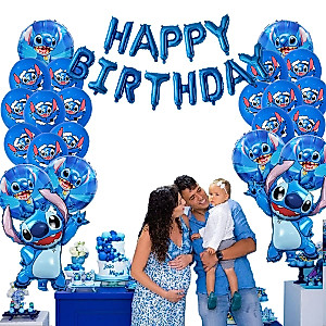 36PCS Lilo and Stitch Balloons, Stitch Happy Birthday Balloons Aluminum Foil Letters Banner Balloons Decoration, Children's Birthday Party Supplies