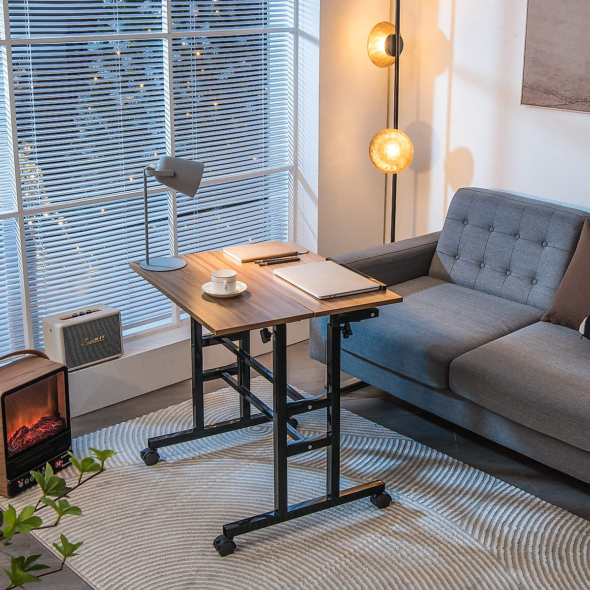 Tangkula Mobile Standing Desk Stand Up Desk, Height Adjustable Home Office Desk with Standing & Seating 2 Modes, Tilting Tabletop & Flexible Wheels, Rolling Laptop Cart Sit Stand Desk (Walnut)