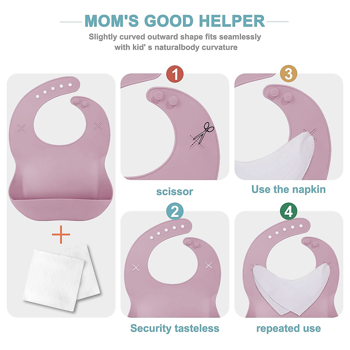 vuminbox Silicone Baby Bib with 2 Holes for Paper Towel, Adjustable Fit Waterproof Soft Bibs for Babies & Toddlers (10-72 Months) (White + Snow Coral Pink)