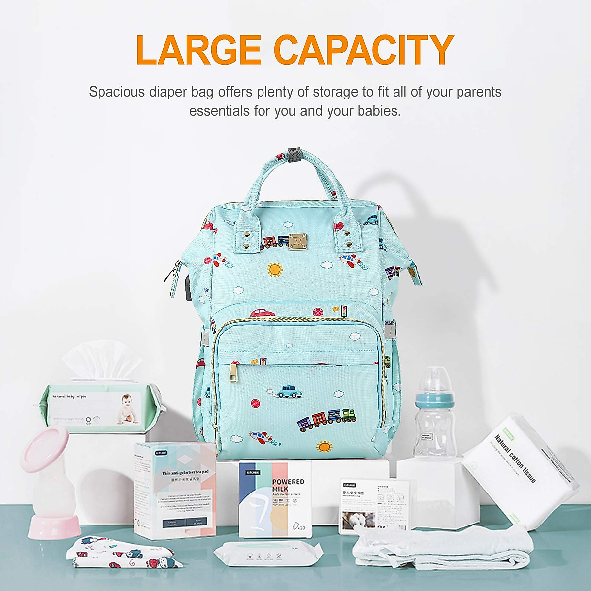 Diaper Bags Backpack Baby Bag for Mom Dad Baby Girls Boy, Cute Mult Diaper Nappy Bag Travel Back Pack,Waterproof Maternity Changing Bag Baby Stuff with USB Charging Port Stroller Straps Large Blue