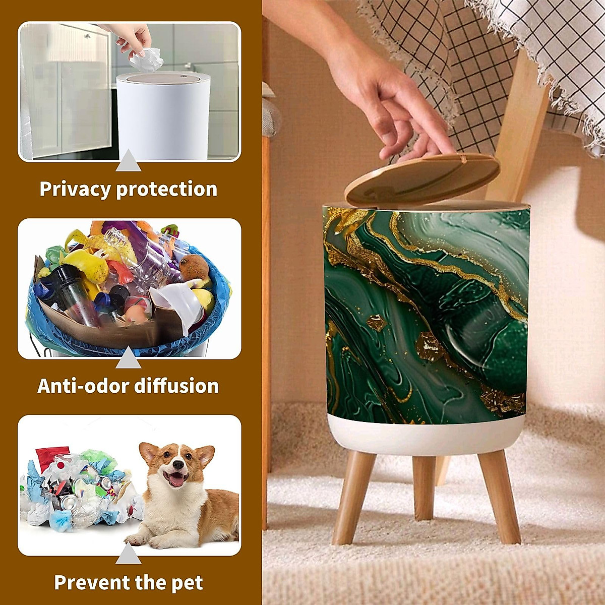 PHAIBHKERP Trash Can with Lid Abstract Luxury Marble Art marbling Texture Green Gold 3D Garbage Can Round Waste Bin Press Cover Dog Proof Wastebasket for Kitchen Bathroom Living Room Nursery 1.8gal