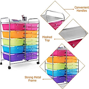 MEDIMALL 15 Drawers Rolling Storage Cart, Multipurpose Craft Storage Cart with Wheels, Mobile Tools Scrapbook Paper Organizer Cart for School Home Office Use (Rainbow)