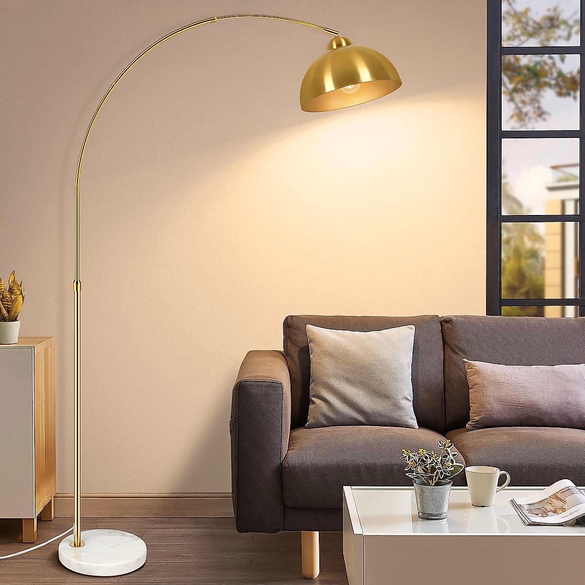 Contemporary Gold 73" Arc Floor Lamp with Hanging Dome Shade, Marble Base Adjustable Farmhouse Over The Couch Tall Stand Up Light, Industrial Task/Reading Standing Corner Lamp for Living Room Bedroom