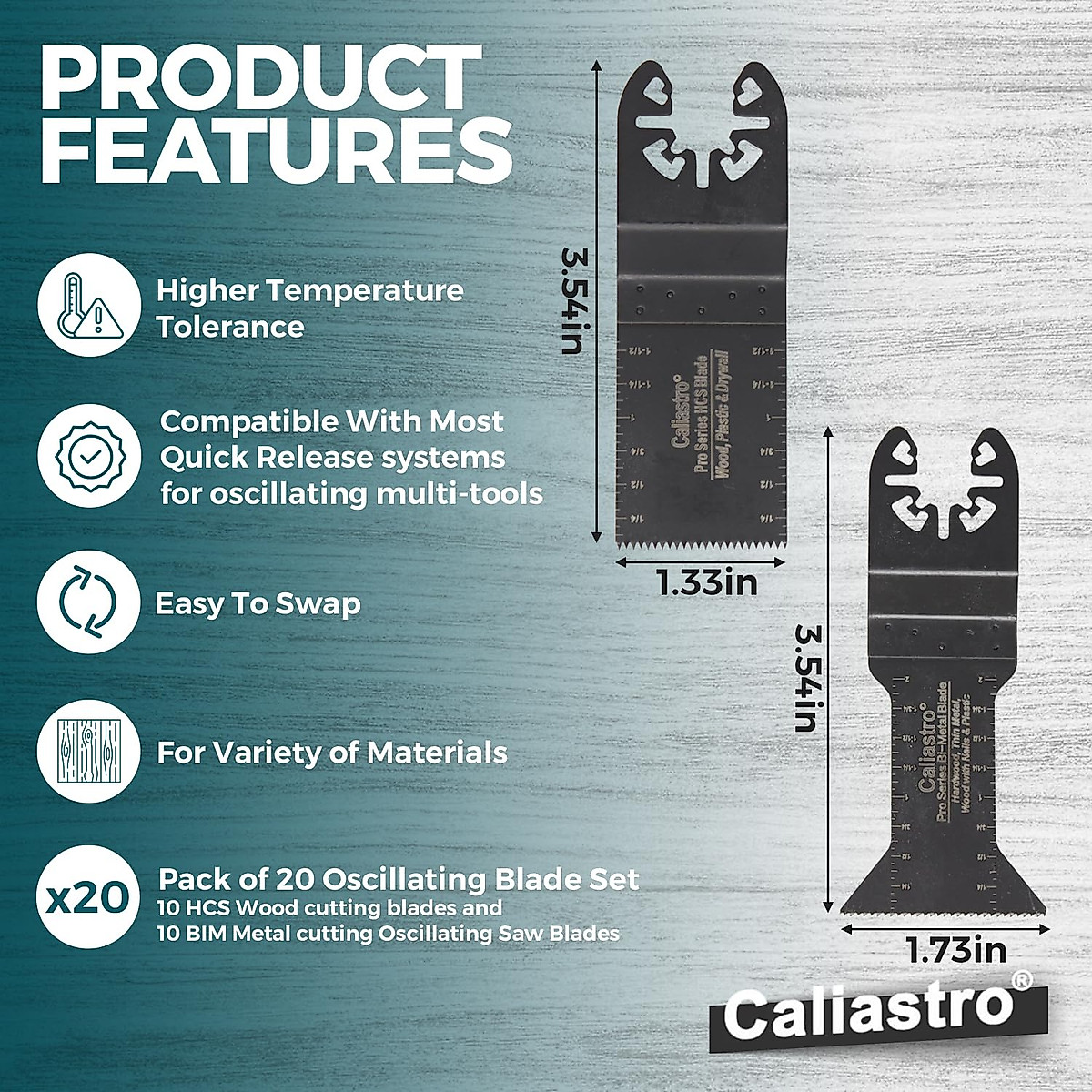 Caliastro 20 Wood Metal Professional Oscillating Multi Tool Quick Release Saw Blades with Universal Fit for Milwaukee, Ridgid, Dewalt, Bosch, Stanley, Ryobi, Makita, Skil, Black & Decker