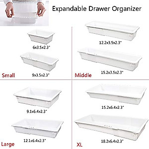 Mebbay 6 Pack Expandable Drawer Organizer Makeup Drawer Organizer Storage Bins Tray for Bathroom Vanity Table Office Kitchen with 25 pcs Non-Slip Pads White