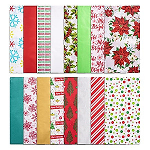 Christmas Tissue Paper Bulk Holiday Wrapping Sheets 200 Sheets 20" x 20" 16 Color Assortment Christmas Design Solid Metallic and Printed Gift Wrapping Accessory for Christmas Gifts Wine Bottles