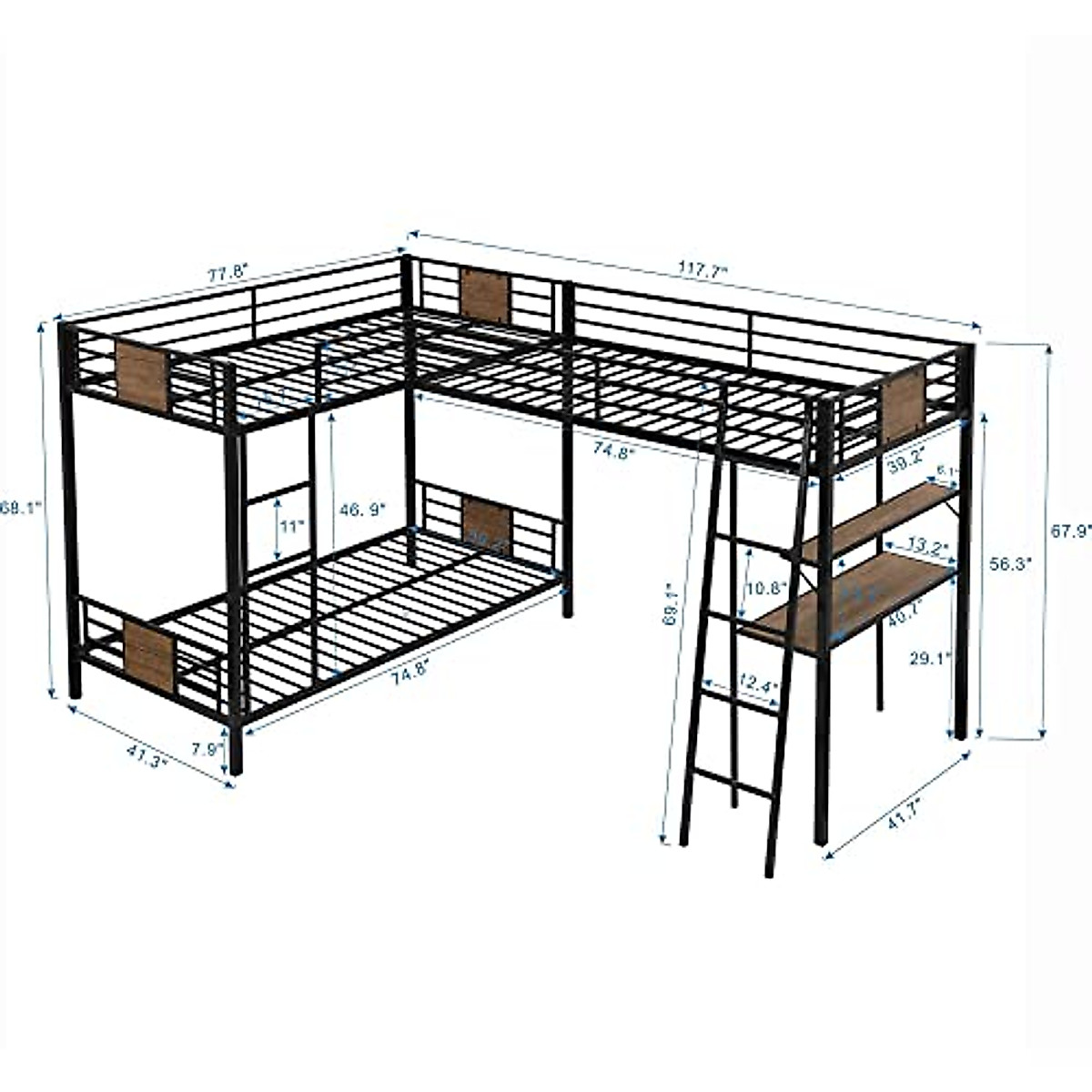 Cotoala Metal Triple Bunk Bed with Desk and Shelf, L-Shaped Bunkbed Attached Twin Size Loft Bedframe, for 3 Kids/Teens/Adults, Brown