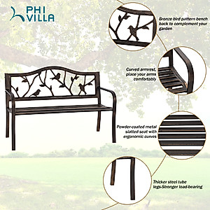PHI VILLA 50" Patio Garden Bird Bench Steel Frame Park Yard Outdoor Furniture Cast Iron Porch Chair, Bronze