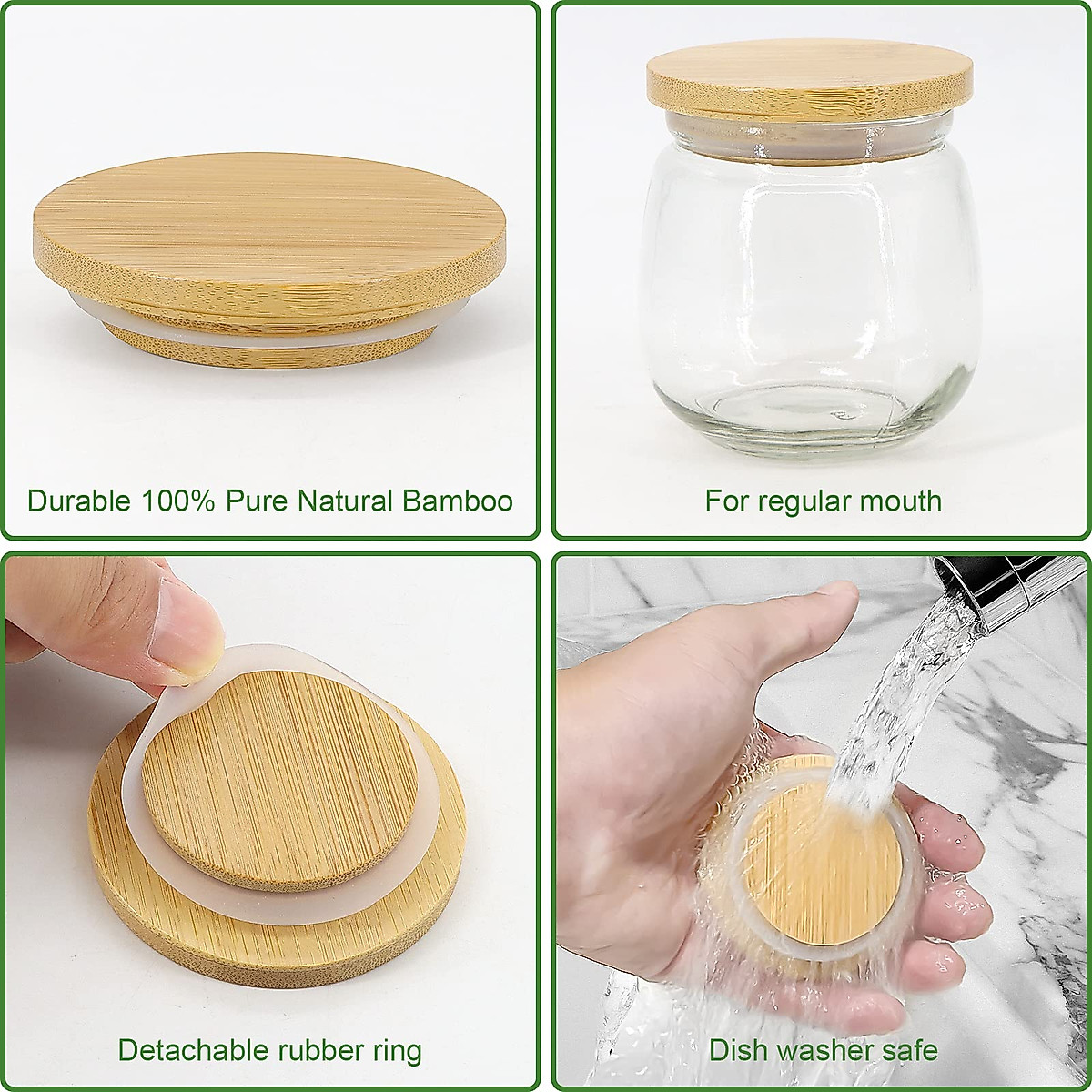 4 Pack Oui Yogurt Jar Lids, iNUREYE Bamboo Wood Lids Fit Oui Jar Lids with Silicone Sealing Rings, Oui Yogurt Bottle Label and Chalk Marker, Ball Wooden Lids For 5 Oz Oui Yogurt Jars
